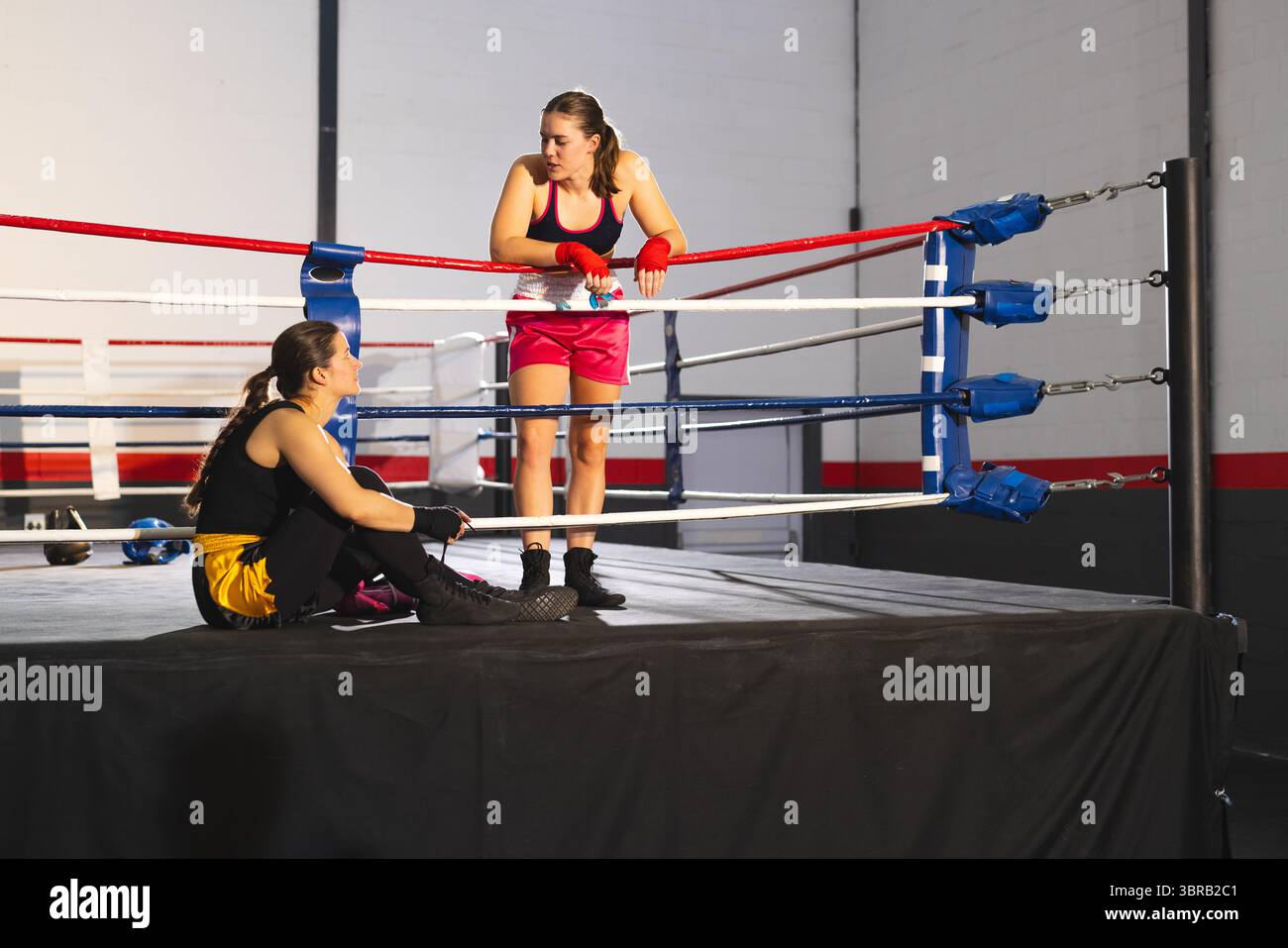 Female sparring partners resting in boxing ring leaning on ropes while ...