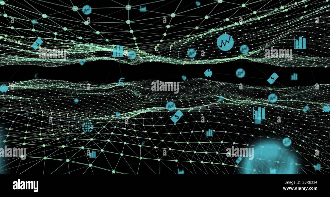 Flowing green node mesh pulsing in virtual data space, with floating ...
