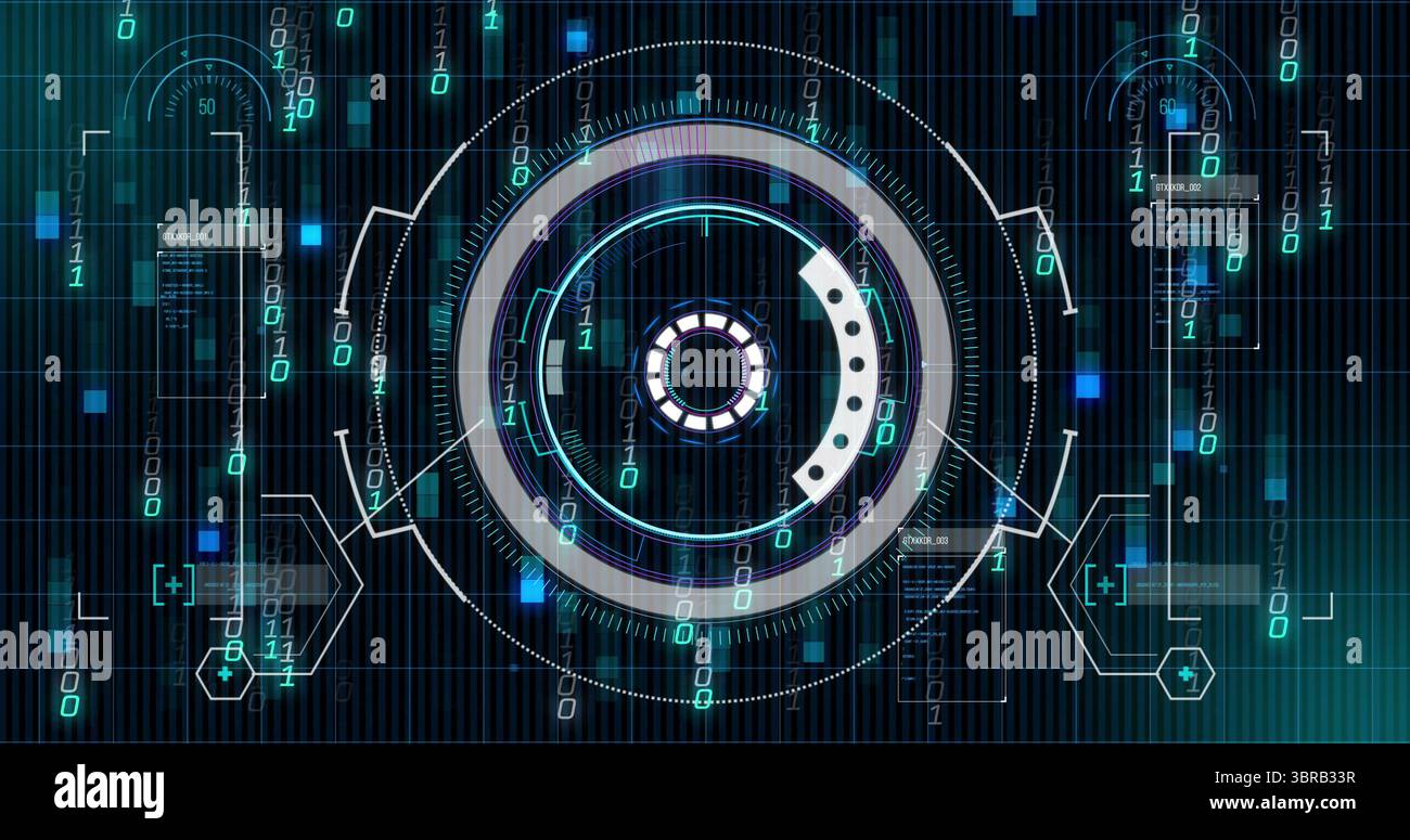 Showing central circular data interface on grid lines with binary streams hex nodes and panels ...