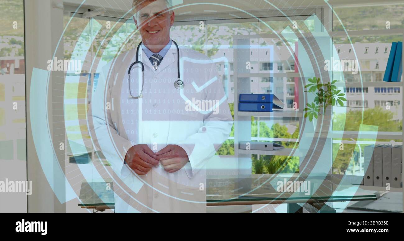 Standing senior doctor wearing labcoat and stethoscope in clinic, with ...