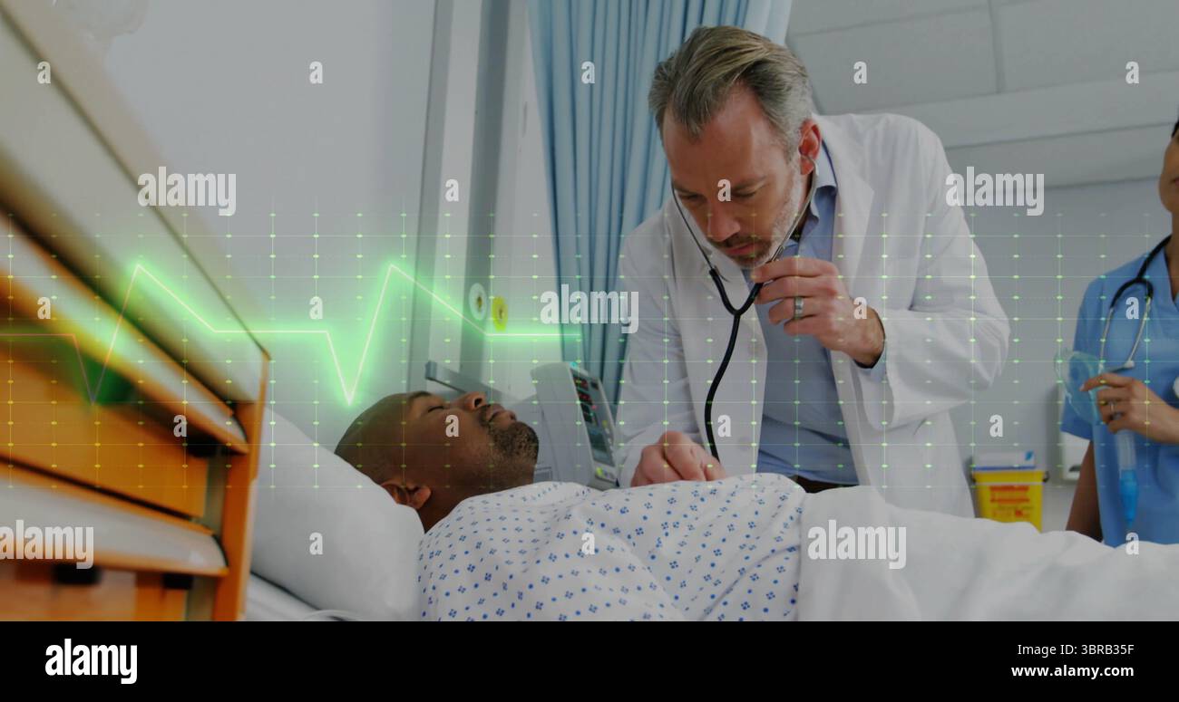 Leaning doctor listening to patient chest under patterned gown at ...