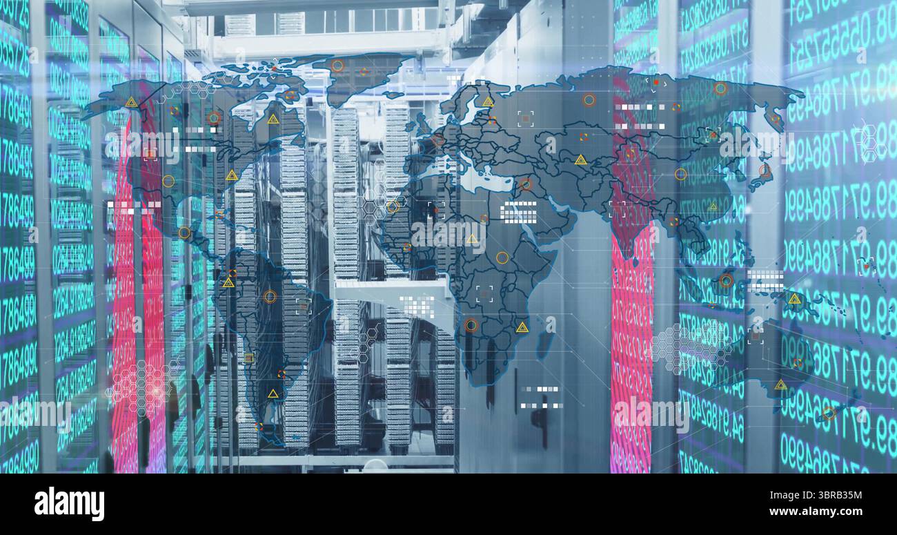 Displaying server racks lighting data center corridor, with world map overlay and code panels ...