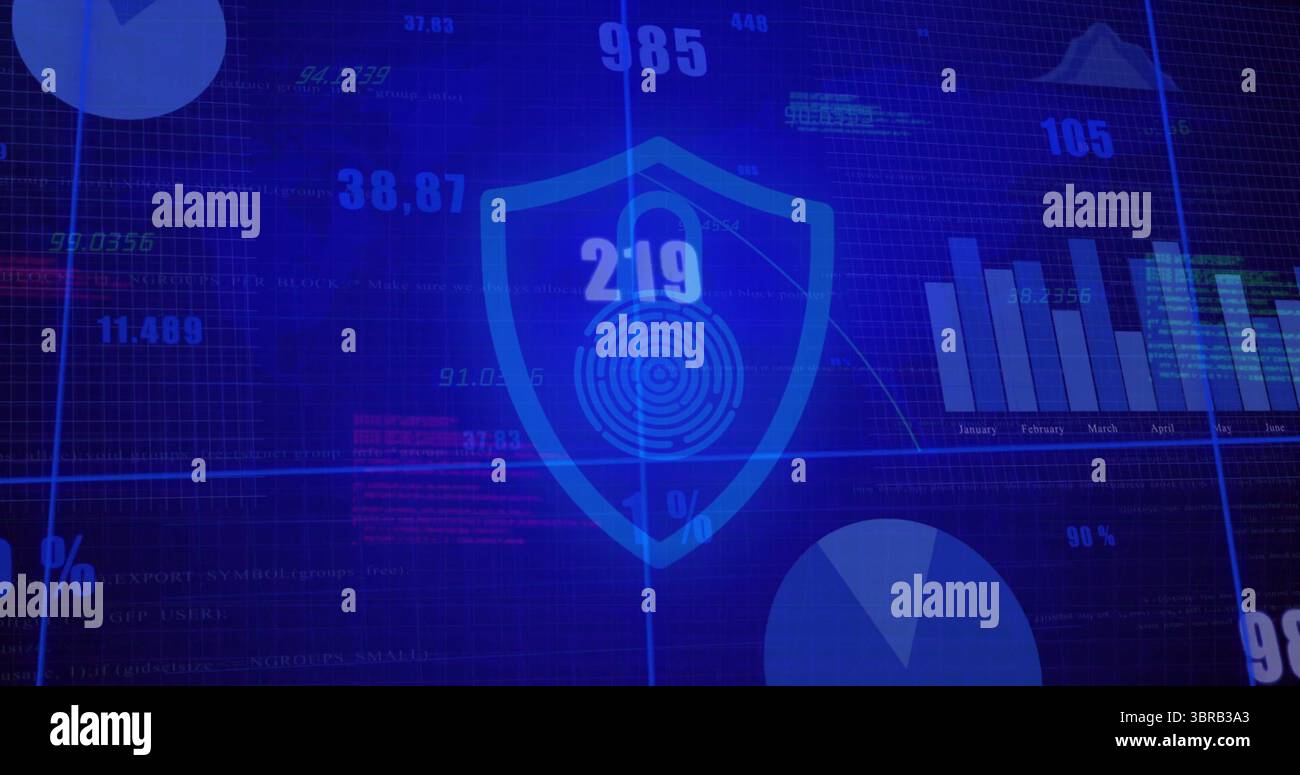 Displaying fingerprint shield icon on cybersecurity screen featuring ...