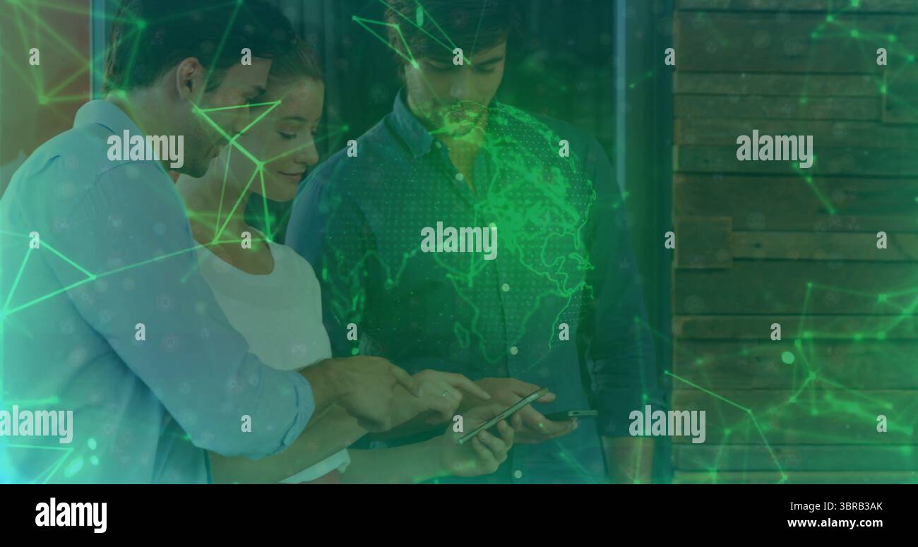 Collaborating four colleagues analyzing data overlay in office ...