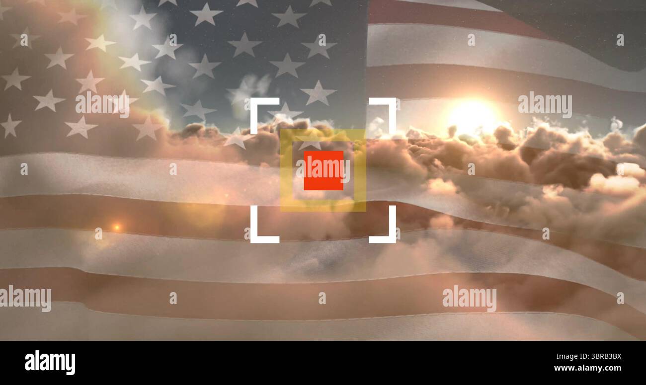 Displaying American flag over clouds in design, framing red square in ...