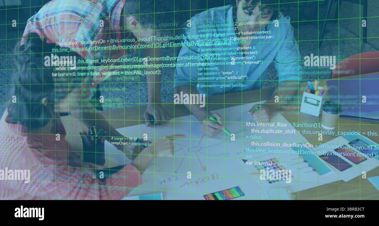 Sketching three designers drafting diagrams on studio table, with colored markers and code ...