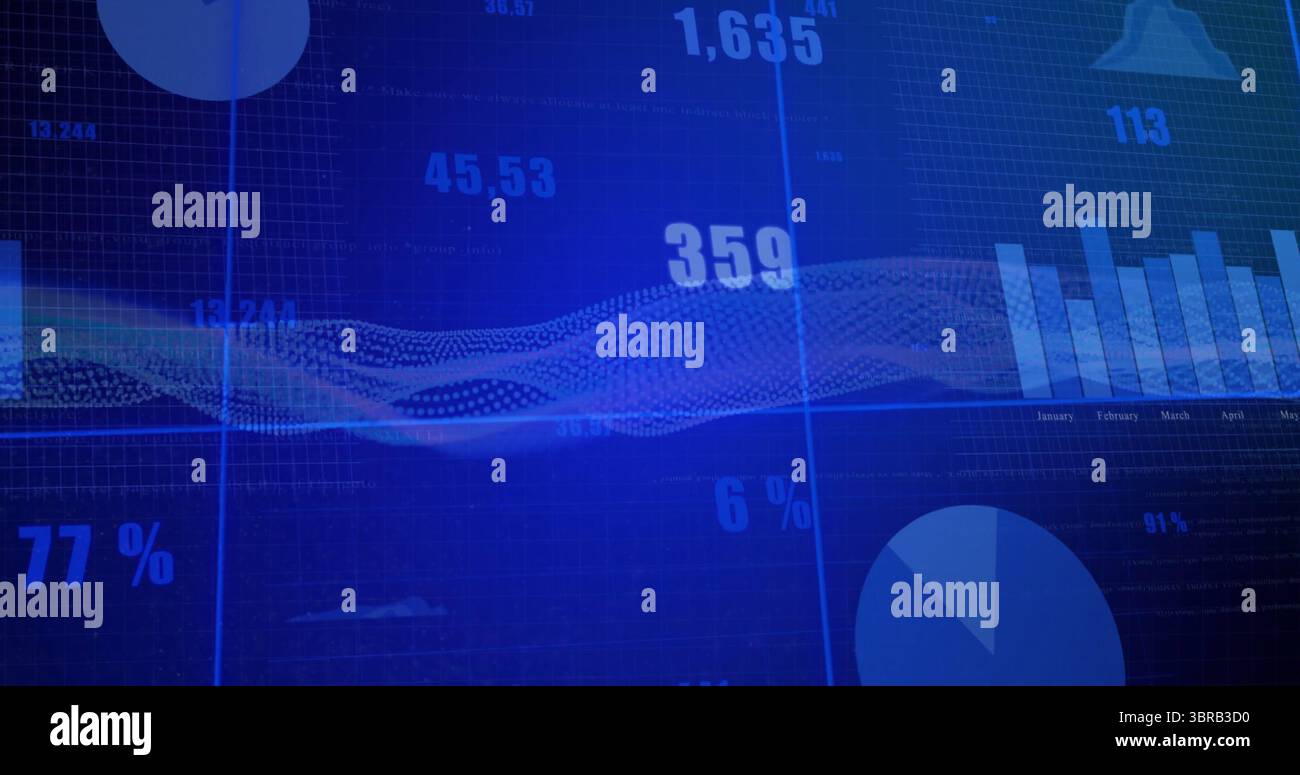 Dashboard view showing data on dark grid background with line bar pie charts and numeric ...