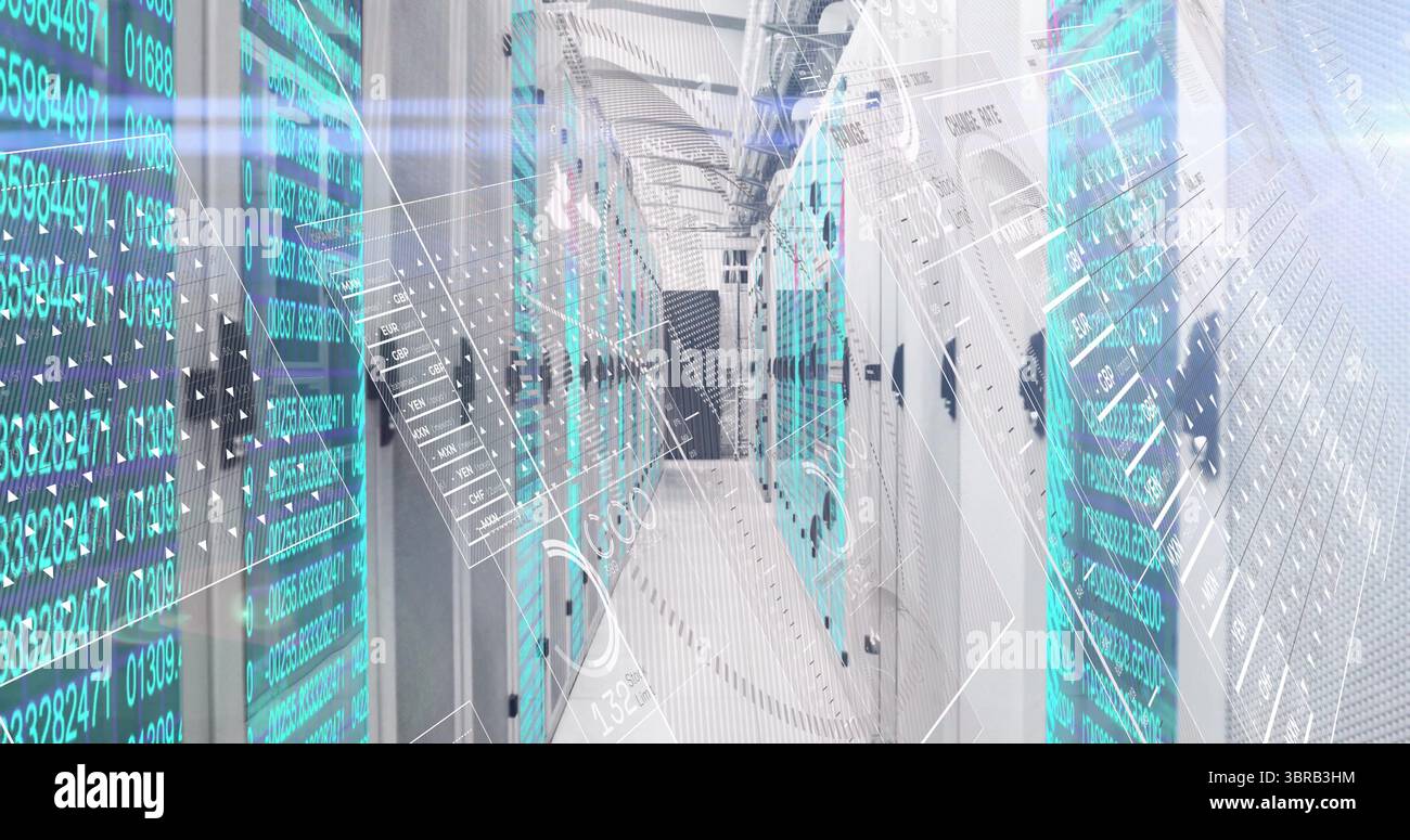 Displaying central server racks projecting holographic data overlays in ...