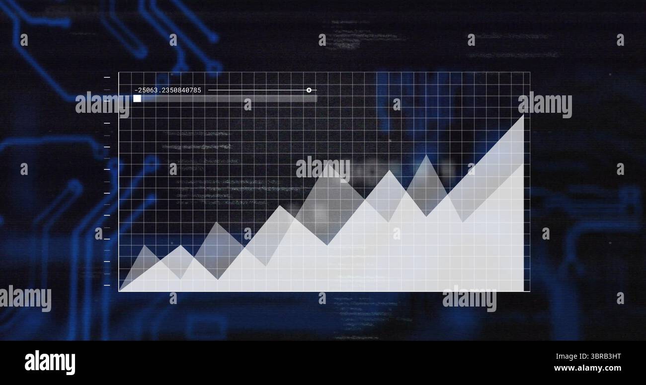 Displaying translucent white polygonal chart rising over grid display, with highlighted data ...