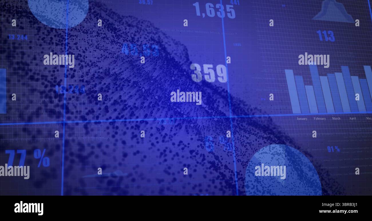 Displaying 3D particle wave flowing across blue grid dashboard with bar ...