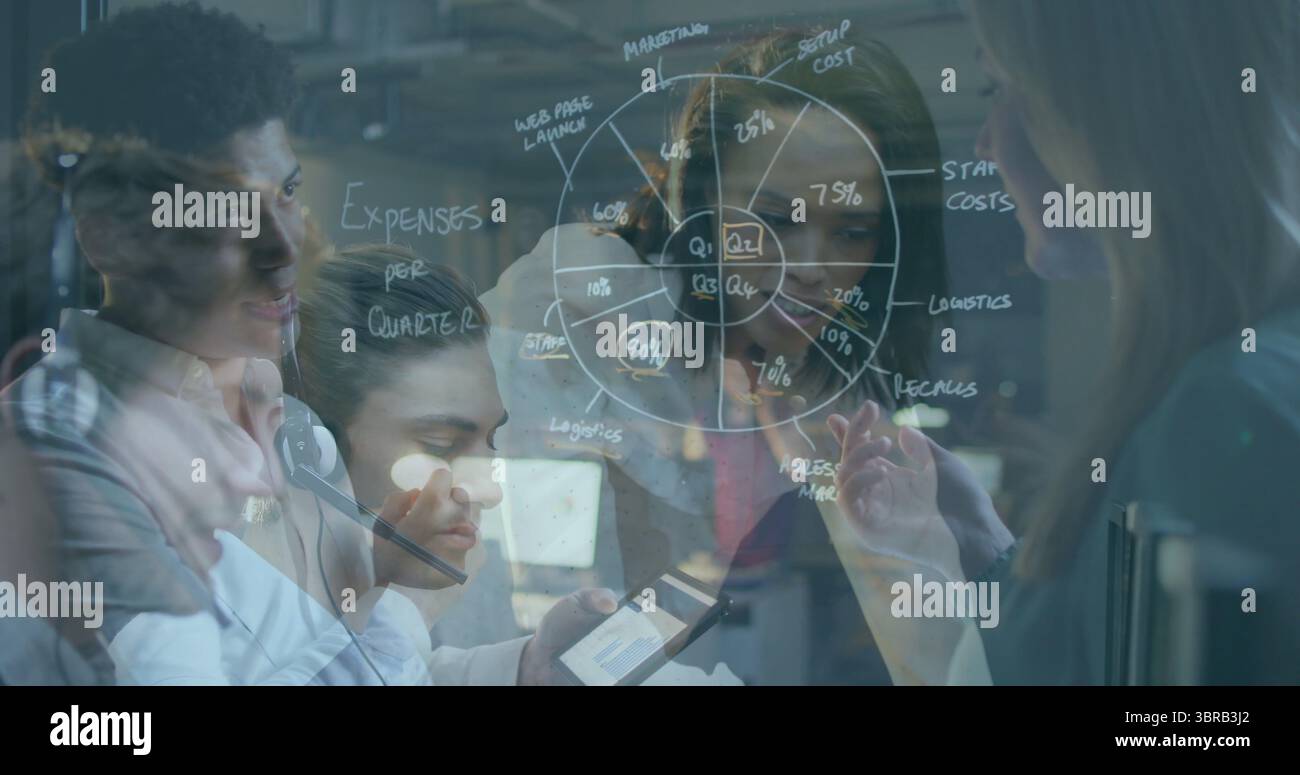 Professionals collaborating around glass board in office, with pie ...