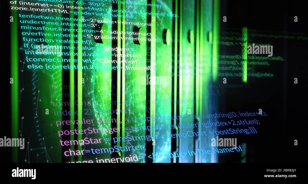 Displaying digital code lines with green light bars and grid data points on visualization panel ...