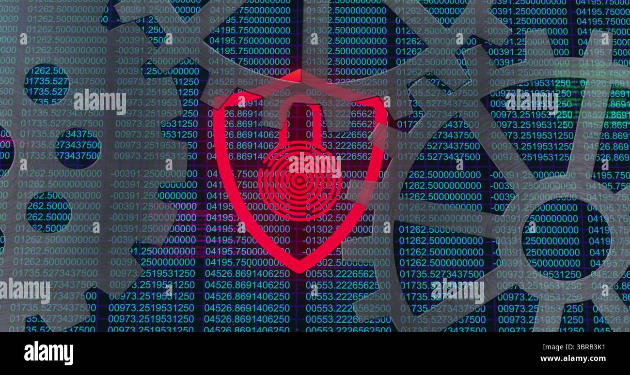Displaying red shield icon with padlock fingerprint protecting code ...