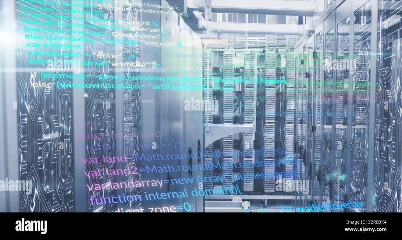 Displaying central server racks with network cables and blinking LEDs in data center, code ...