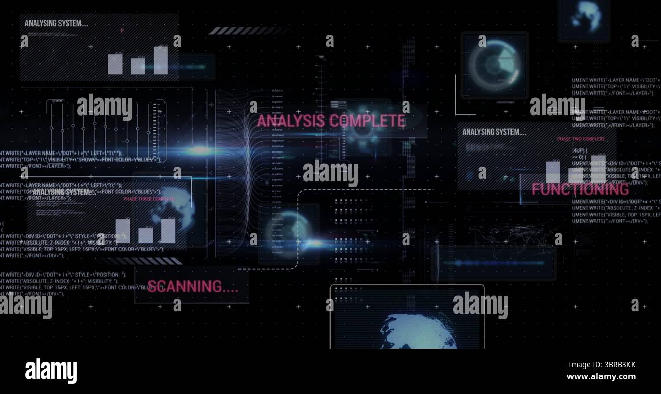 Displaying futuristic UI scanning code and data streams on grid backdrop with translucent panels ...