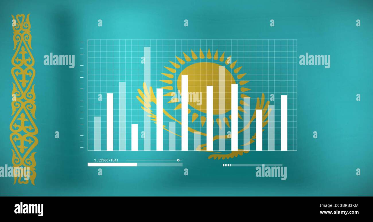 Displaying flag emblem with progress bar and bar chart on digital teal ...