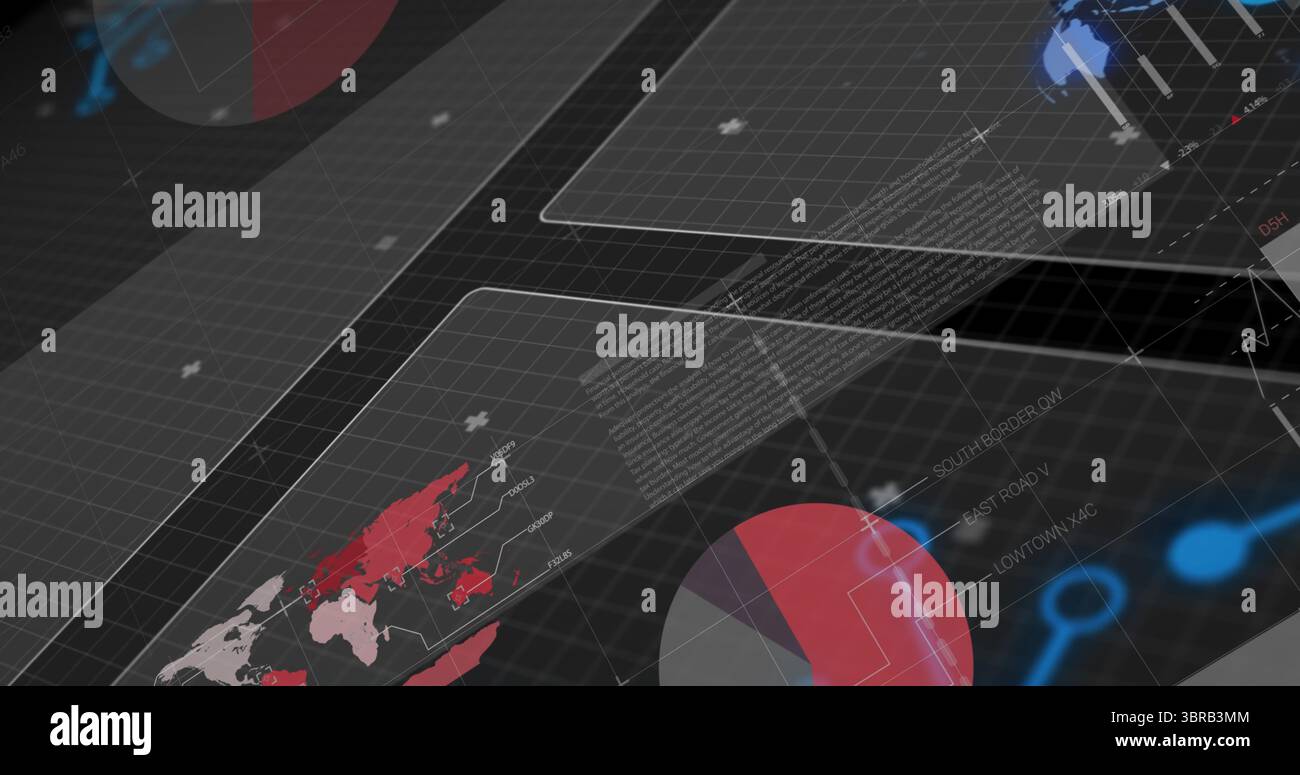 Displaying central data panel floating in futuristic interface, with world map and node graphs ...
