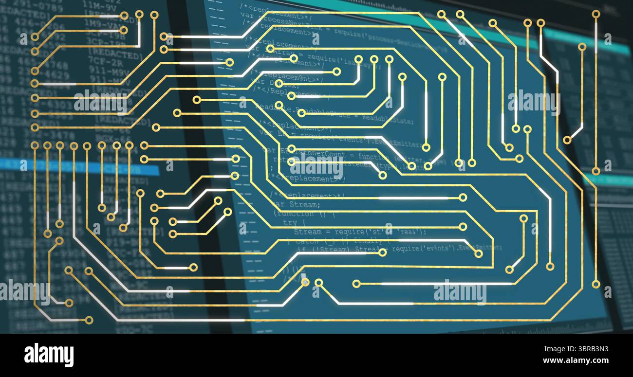 Branching gold circuit traces and circular nodes weaving across computer screen, with code ...