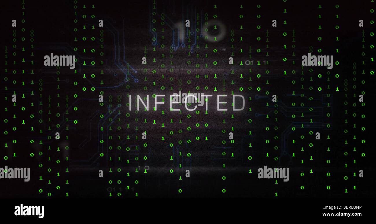 Displaying bold white INFECTED text floating in cyberspace system with ...