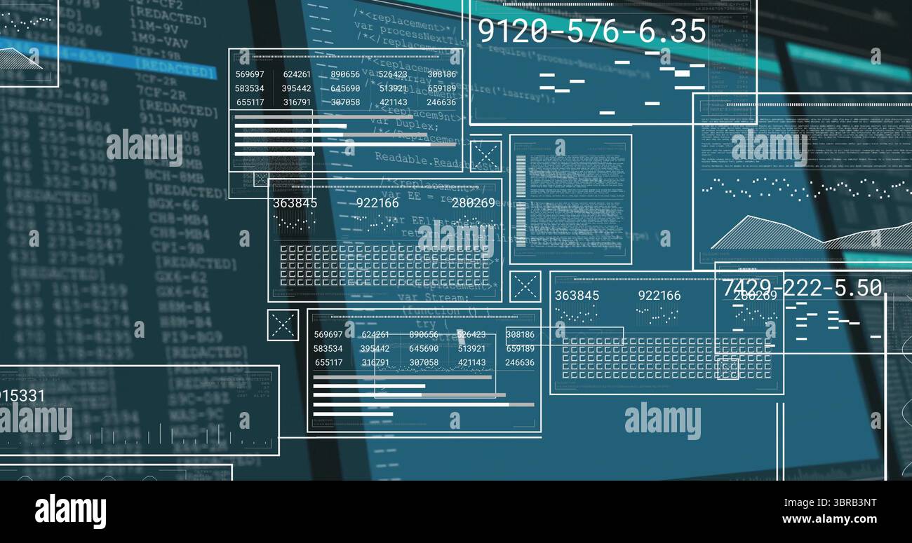 Translucent UI windows displaying code, data tables and line chart over dual monitors at desk ...