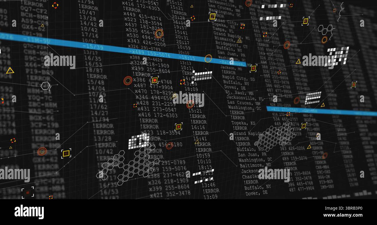 Displaying data columns at system dashboard, showing error labels, hexagonal patterns, blue bars ...