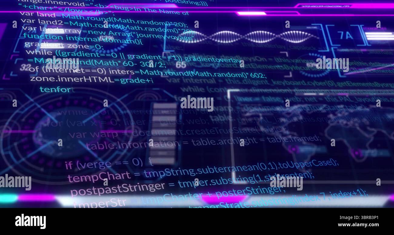 Displaying futuristic holographic interface showing code in AR display, with gauges and world ...