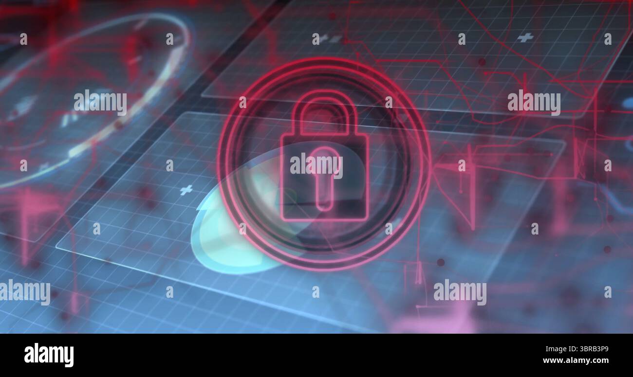 Floating red padlock icon hovering over holographic interface with grid ...