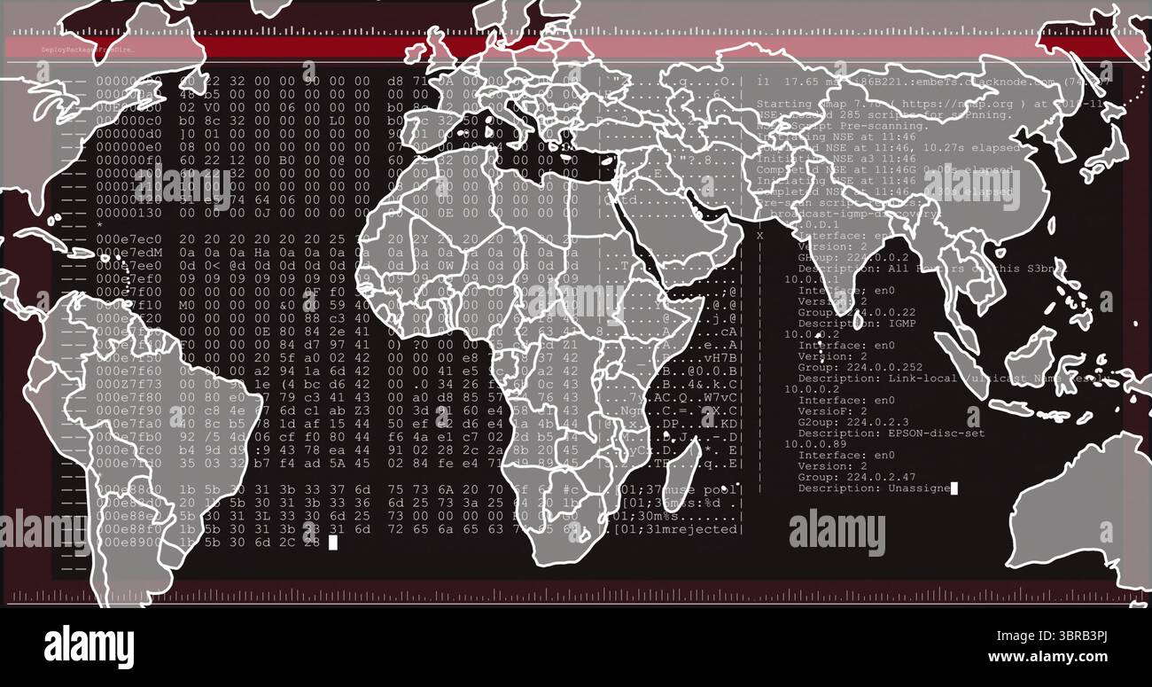 Displaying world map overlaying hex dump and network interface on terminal, with red UI bars ...