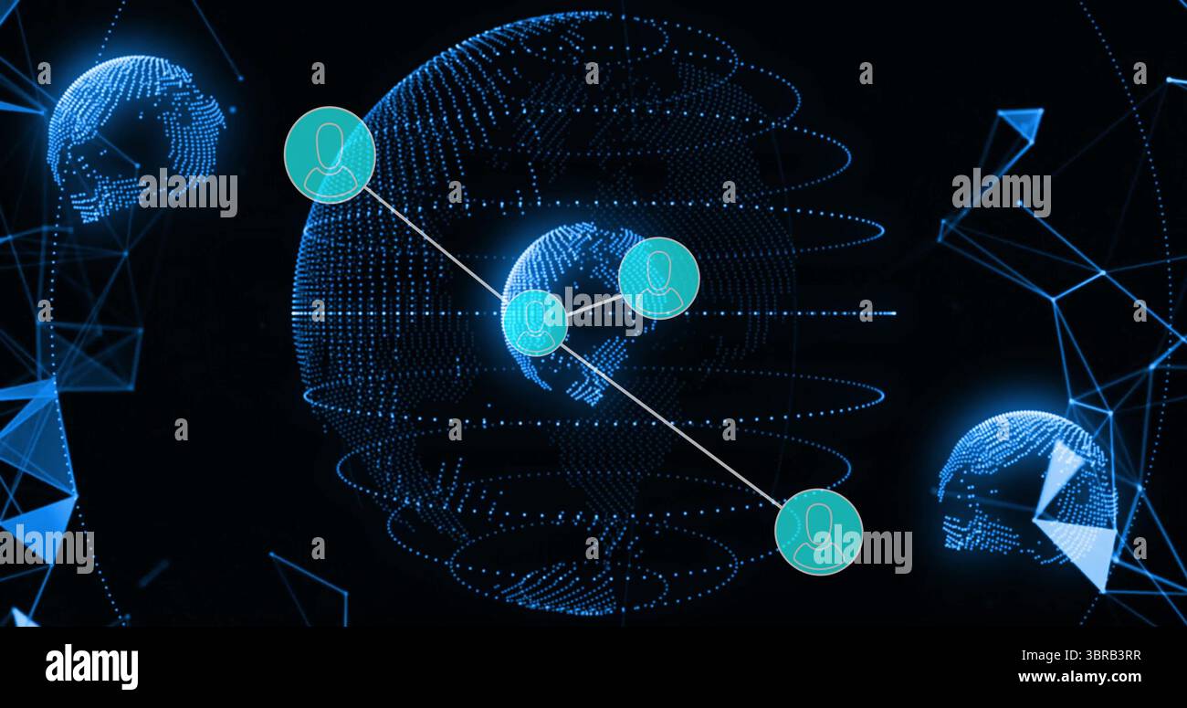 Connecting central dotted globe to teal profile icons and smaller ...