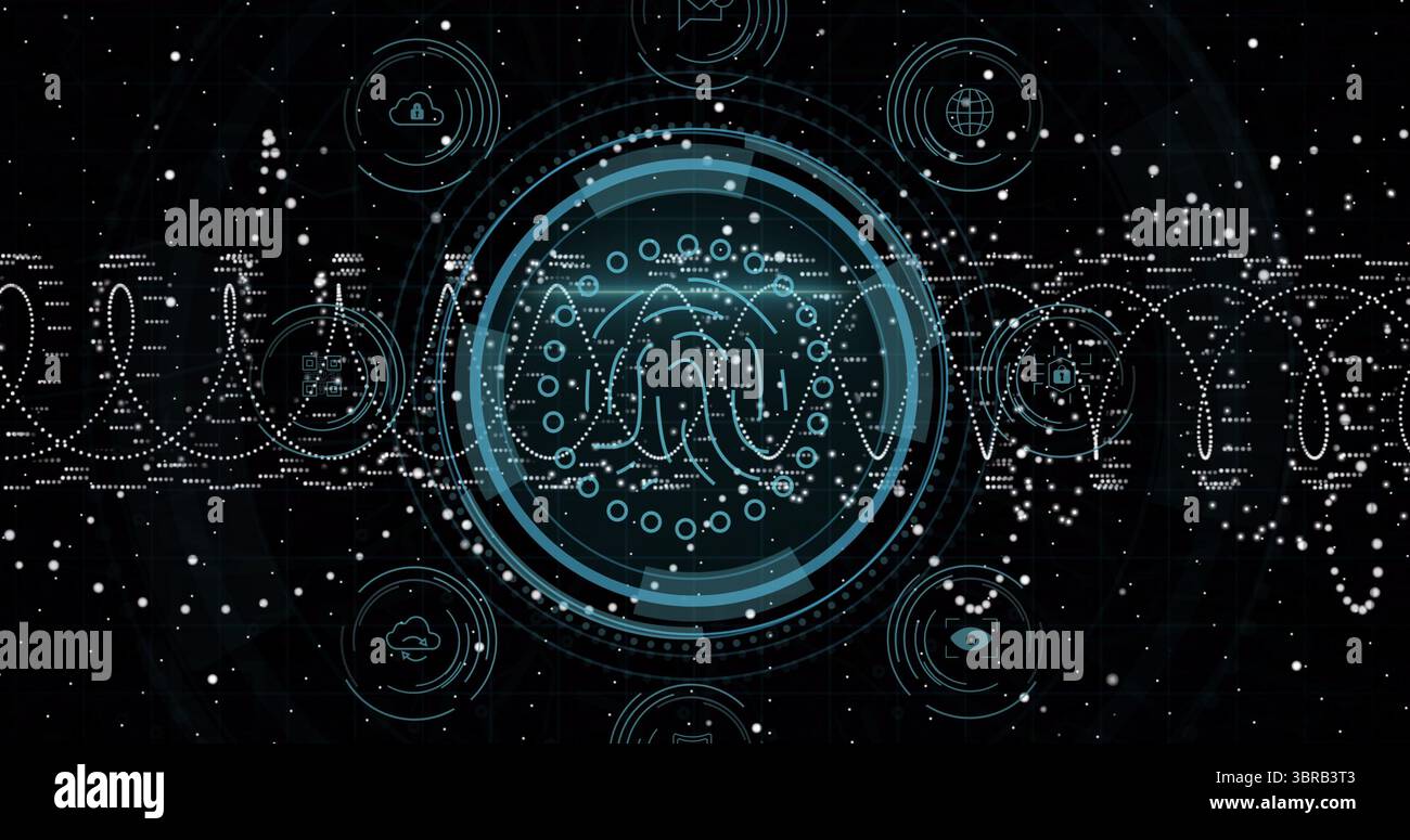 Displaying central circular HUD interface in network environment, with waveform icons, data ...