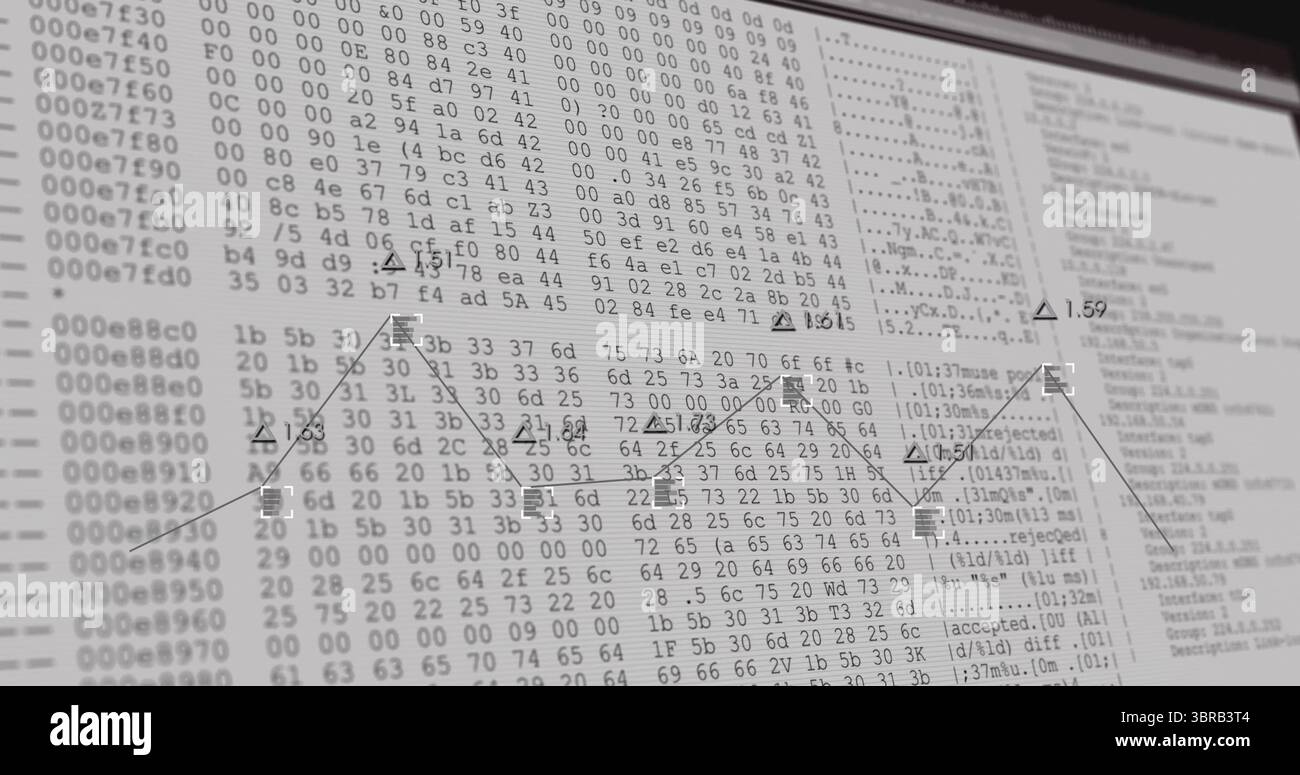 Displaying graph with triangular and square icons moving across monitor hex dump, with ASCII ...