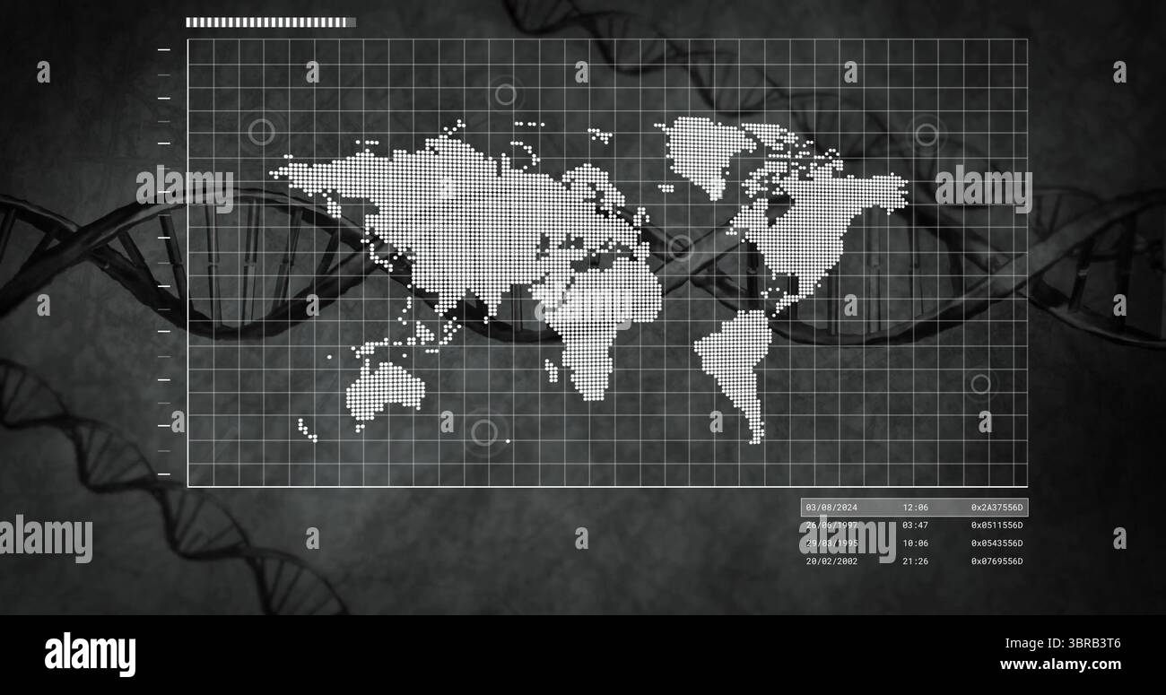 Displaying pixel world map on digital grid overlay showing markers, DNA strands, data table ...
