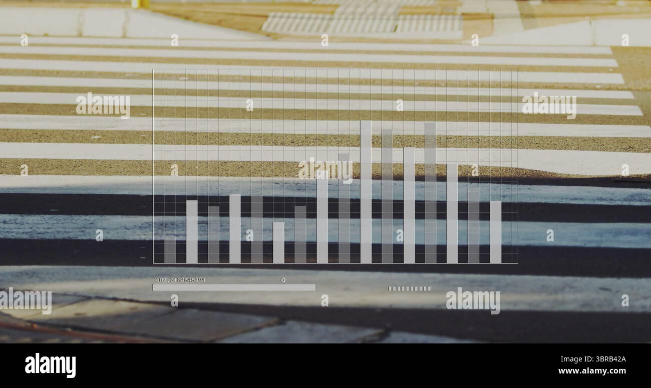 Translucent bar chart overlaying zebra crossing, grid lines axis labels ...