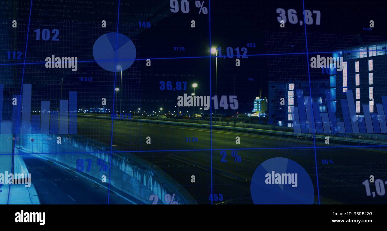 Featuring highway segment displaying data overlays at nighttime urban bridge with office ...