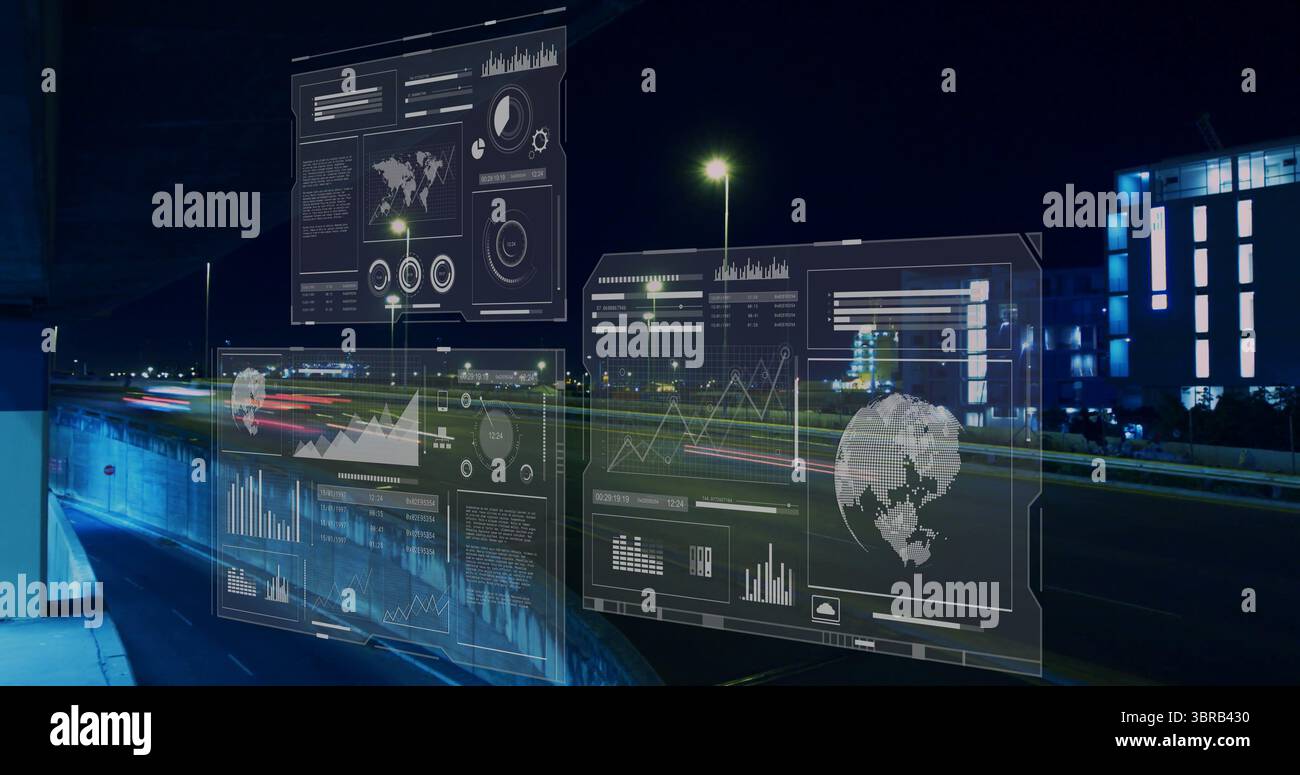 Displaying translucent panels showing world maps and charts over night highway, with light ...