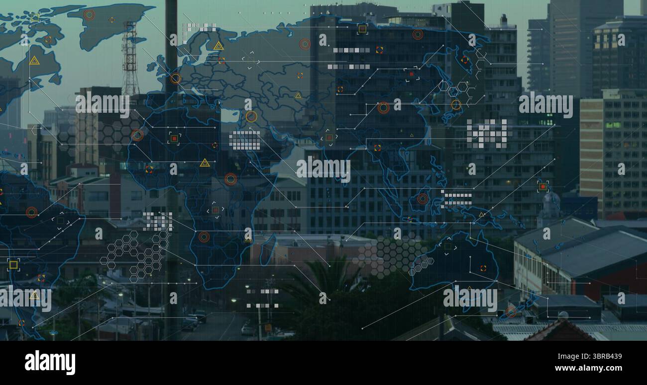 Displaying world map overlay above downtown skyline with circuit lines ...
