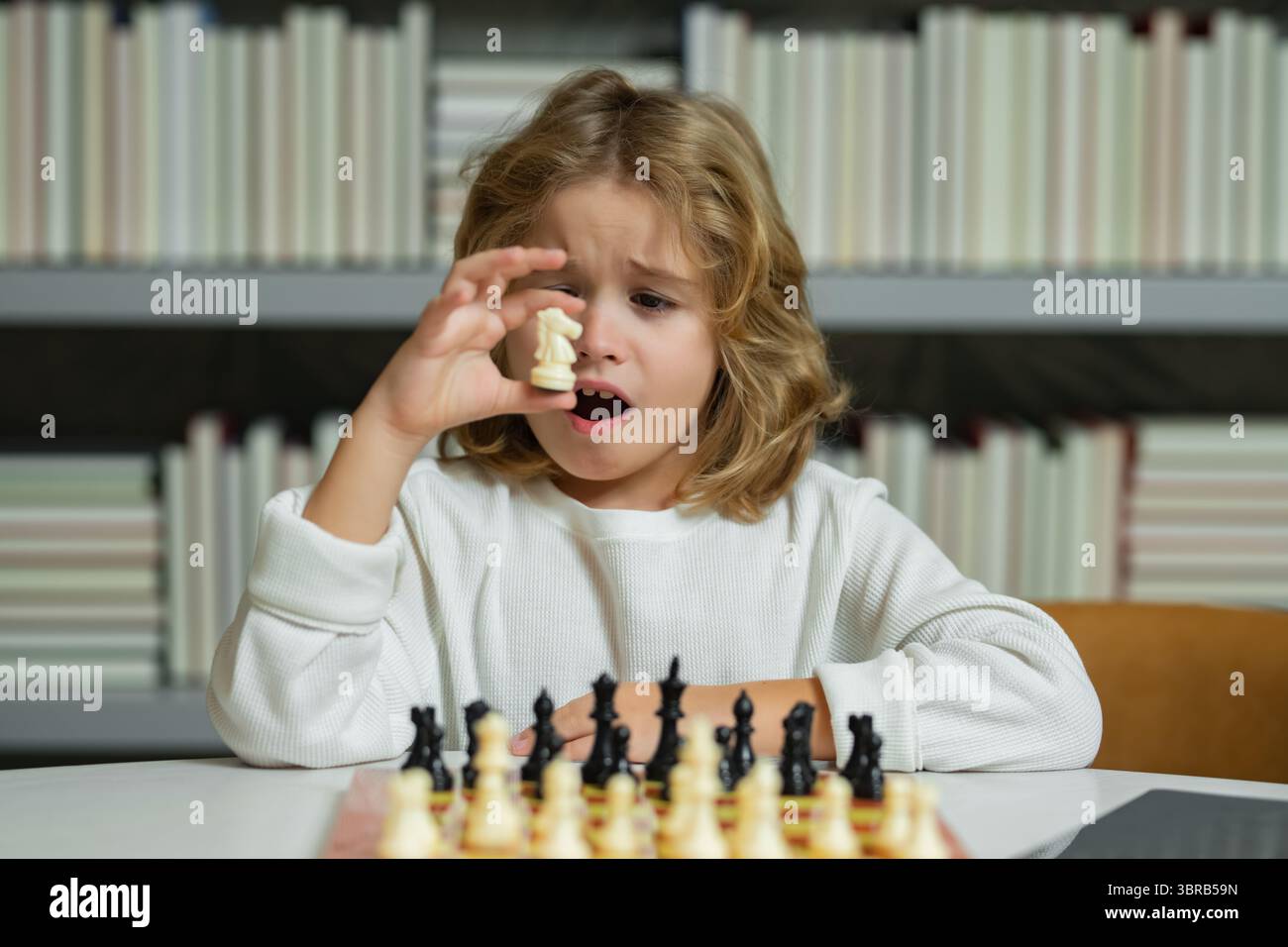 Chess school. Child think or plan about chess game, kids education ...