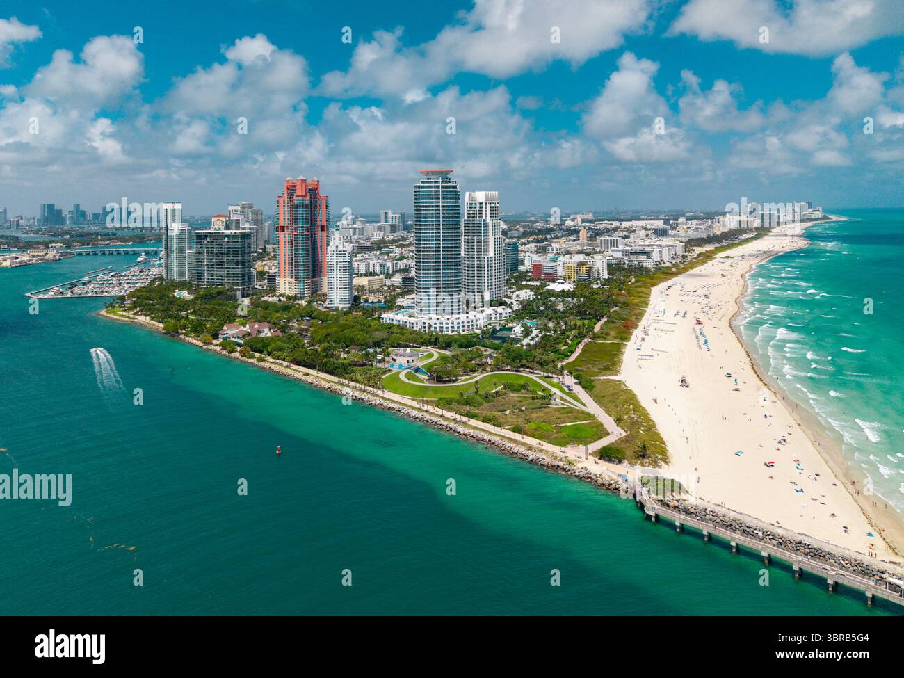Aerial view of Miami Beach with turquoise waters. Drone shot of Miami ...