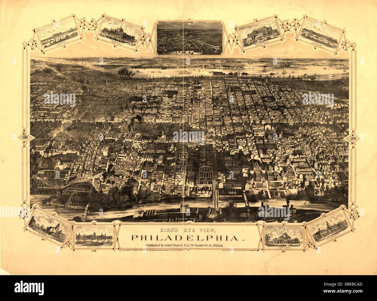Vintage pictorial map showing an aerial view of the city of ...