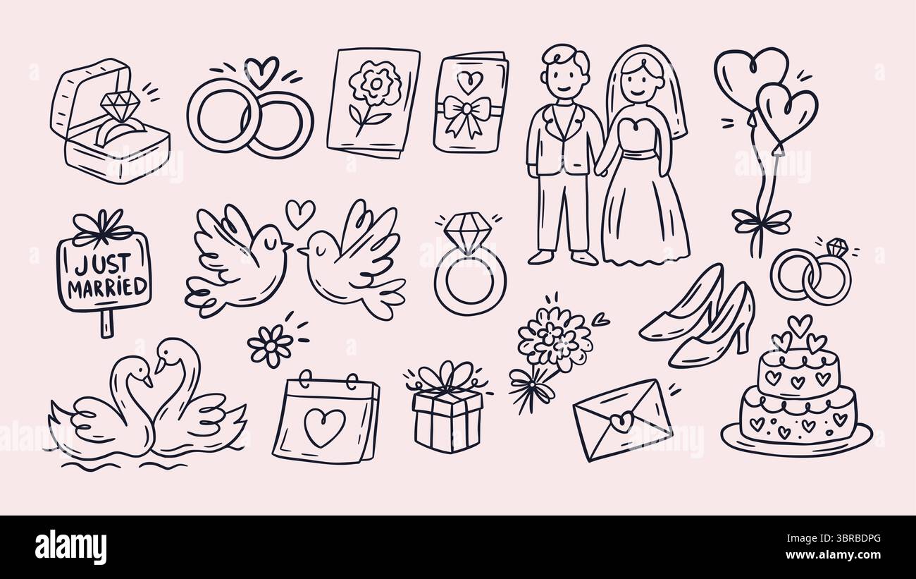 Wedding Doodle Sketch Icon Set Vintage Party Love Vector Love, Rings ...