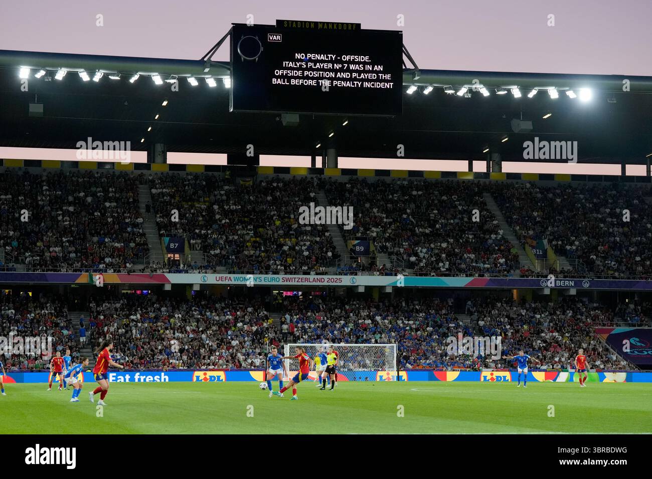 View of the screen after a VAR decision during the UEFA Women's Euro ...