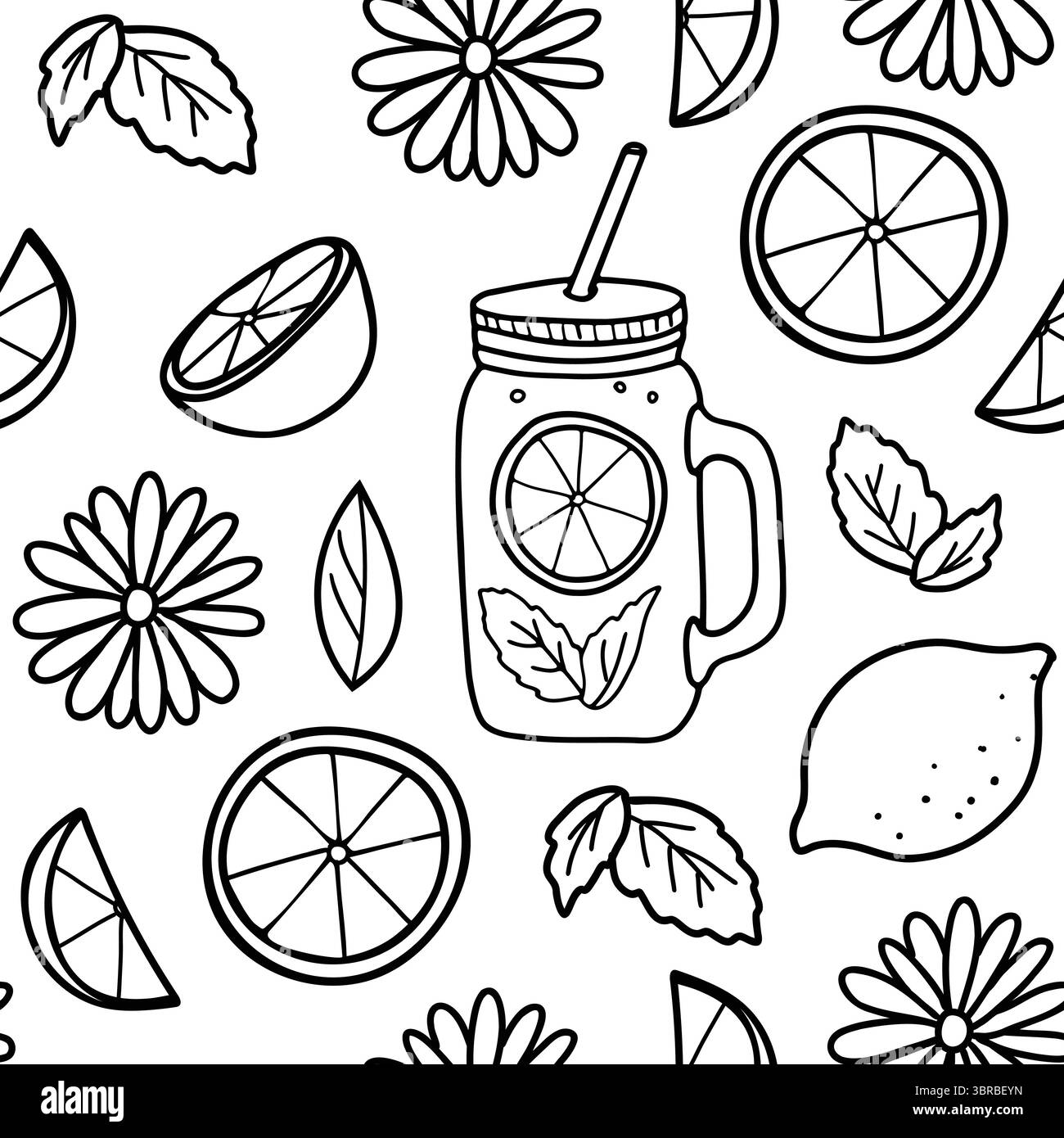 Summer seamless vector pattern with lemon, mint, lemonade Mason jar and ...