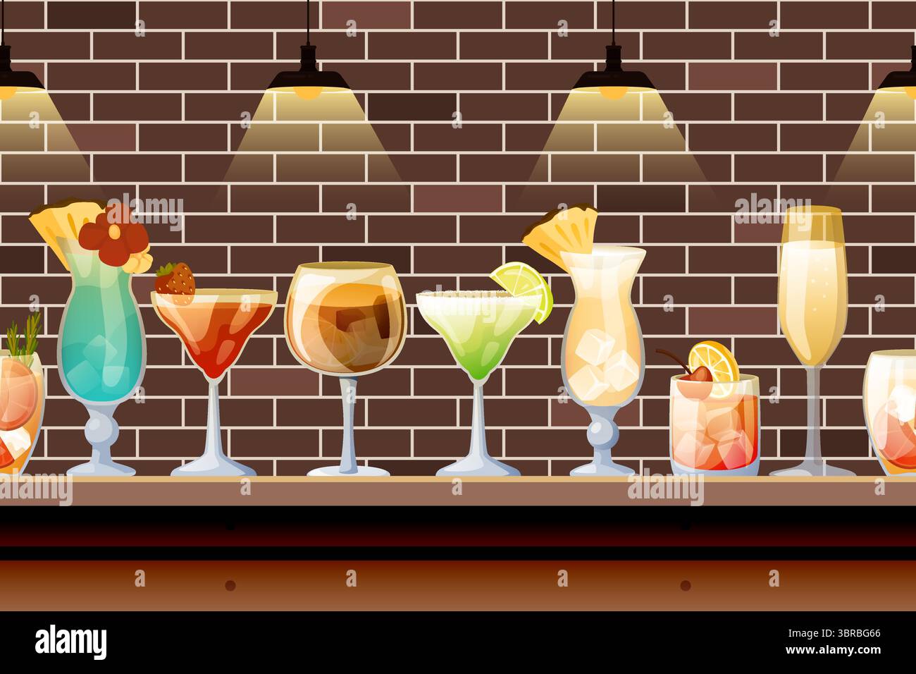 Glasses with alcoholic cocktails on bar counter. Seamless horizontal ...