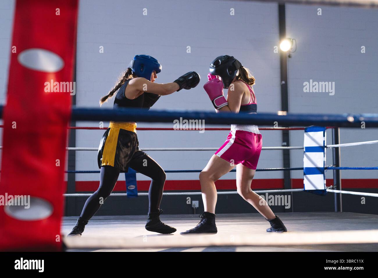 Female boxers sparring inside boxing gym ring using protective headgear ...
