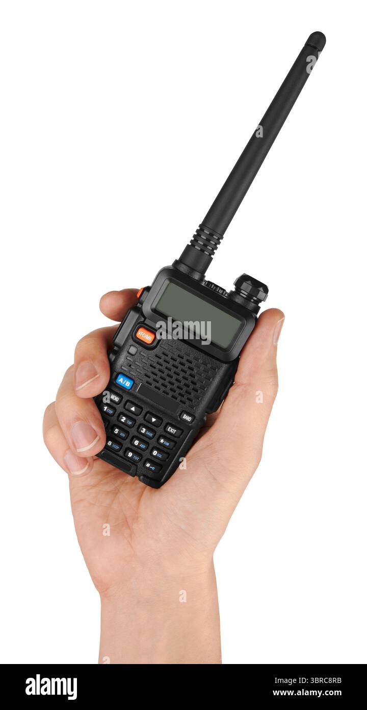 Portable radio transceiver in hand, isolated on white background Stock ...