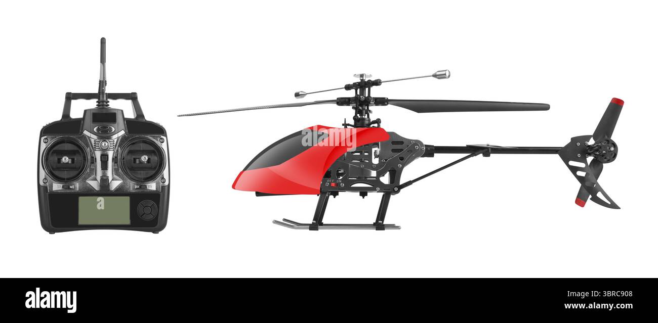 Remote controlled helicopter with controlling handset, isolated on ...