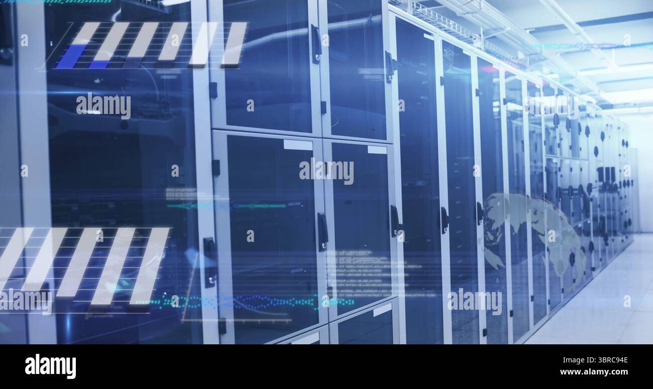 Glowing row of server cabinets humming in data center corridor, with LED lights and digital ...