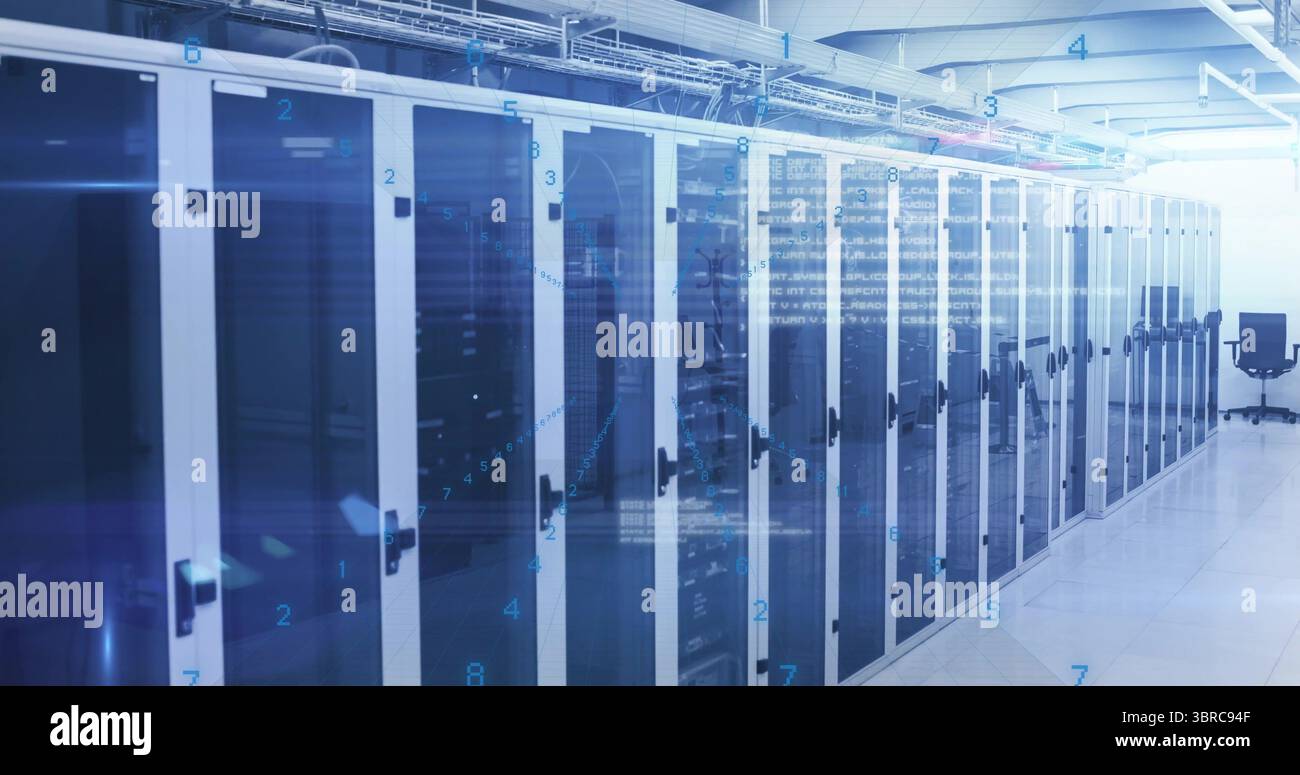 Displaying server cabinets aligned on shiny floor in data center room ...