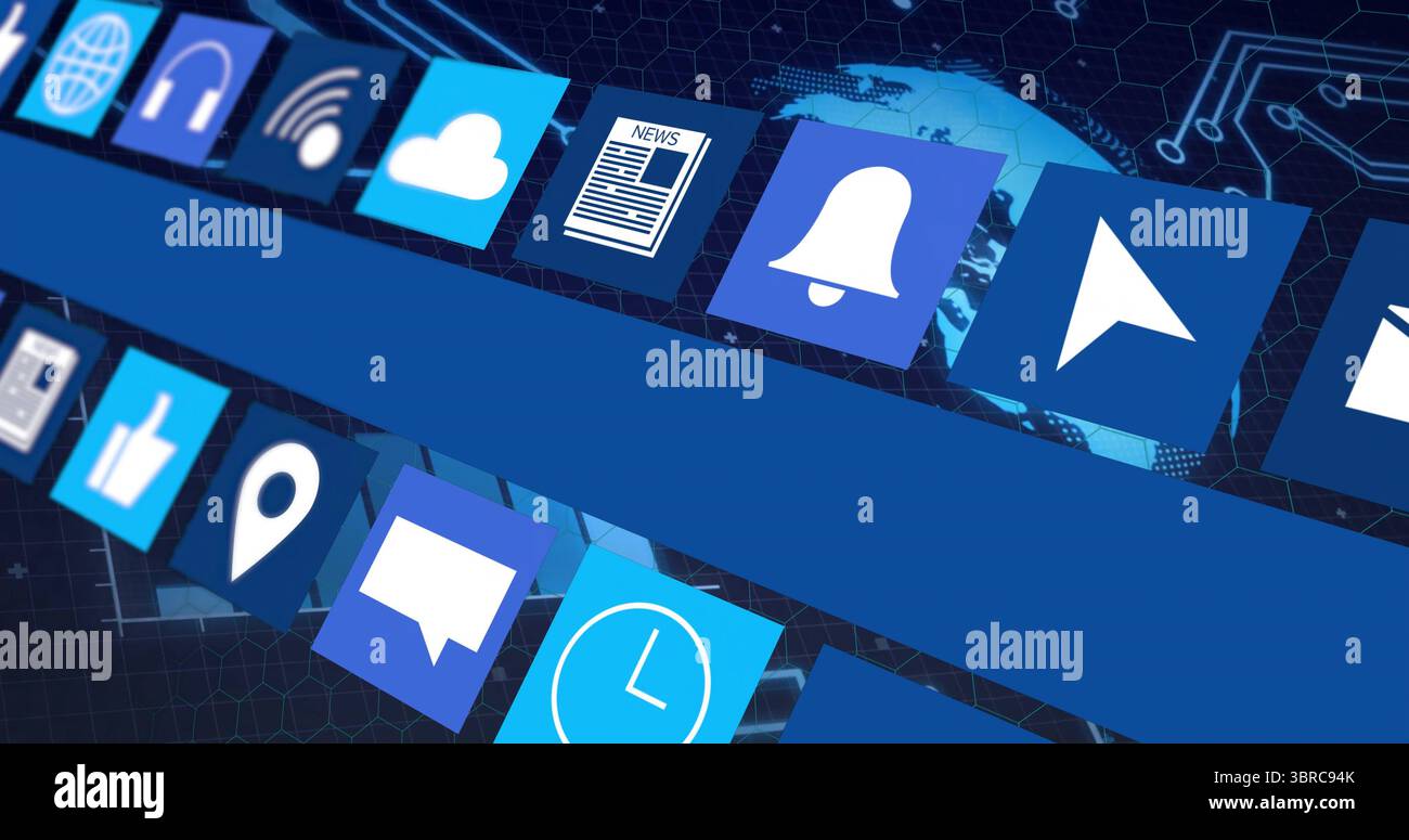 Floating blue panels displaying white interface icons in virtual 3D ...