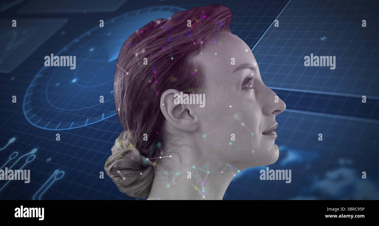 Displaying mid-adult woman head in right-profile on virtual interface ...